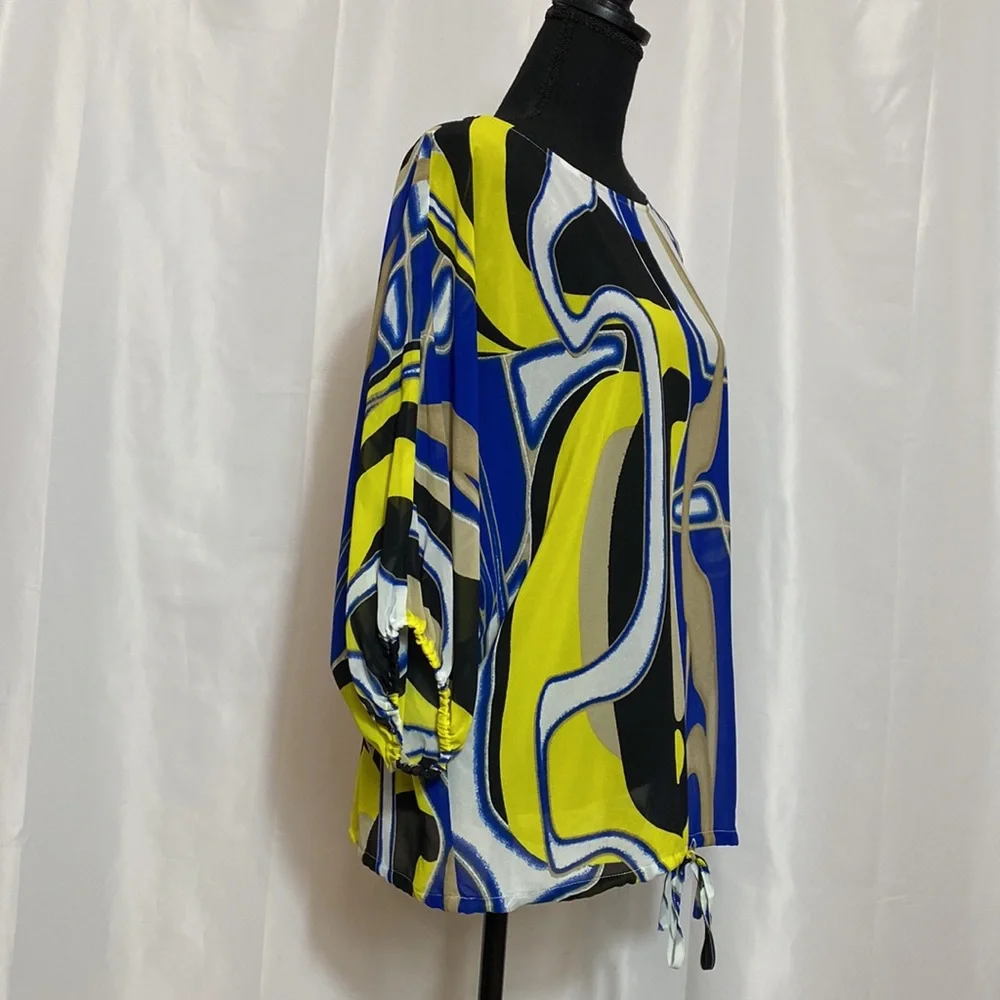 Rose & Olive | Tops | Blue Yellow Pattern Sheer Blouse M | Poshmark